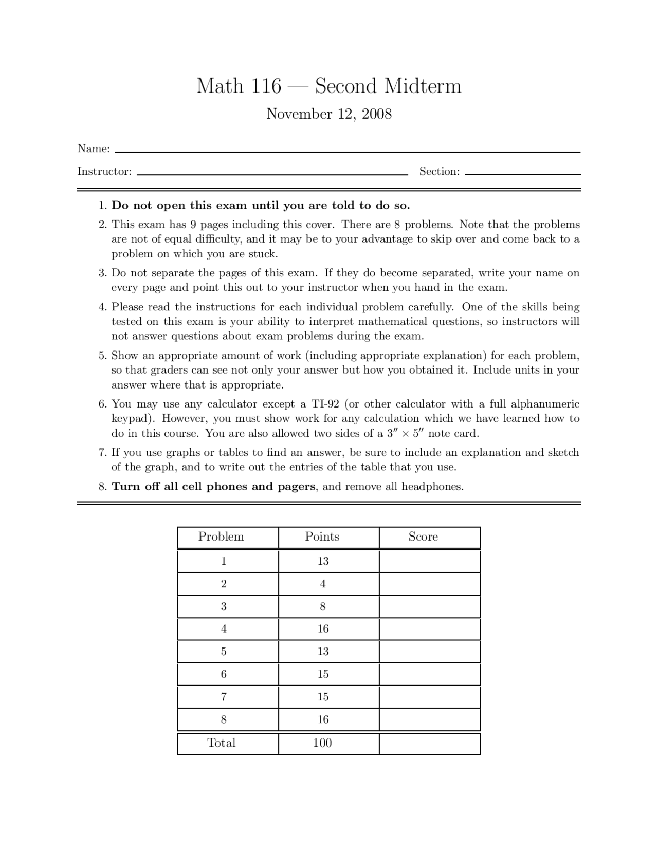 Second Midterm Exam On Calculus I Fall 2008 Math 116 Docsity