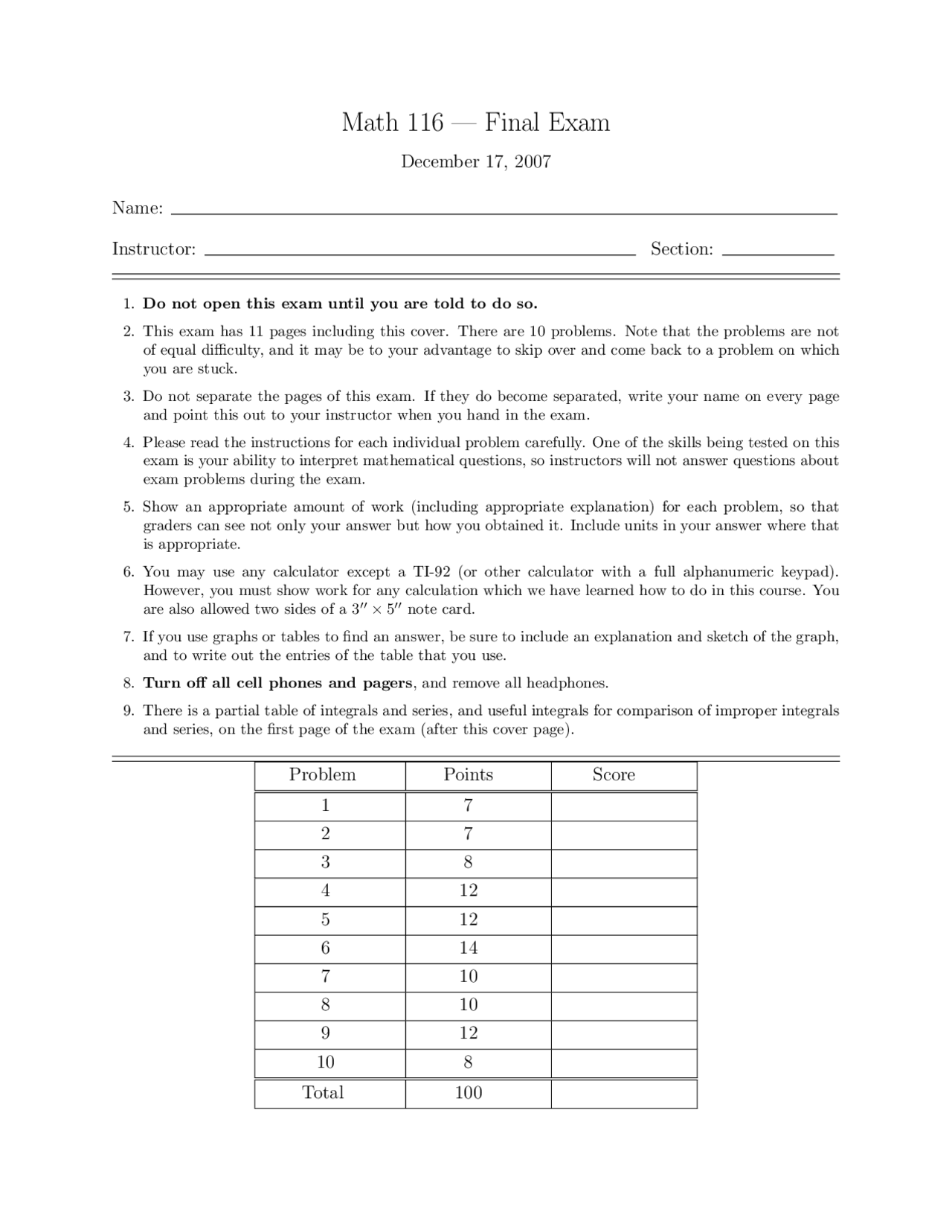 Practice Final Exam Calculus Ii Math 116 Docsity