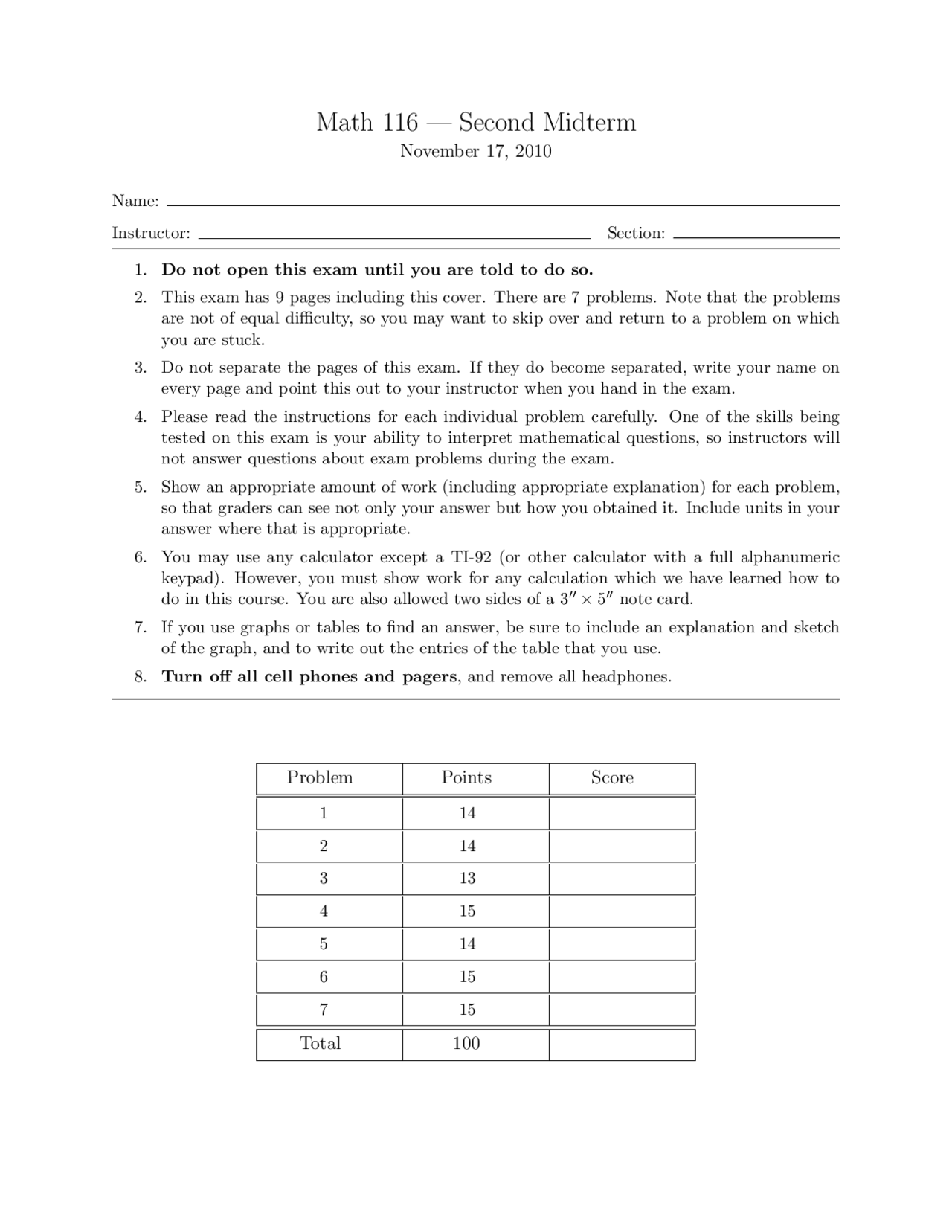7 Questions On Calculus Ii Midterm Exam 2 Math 116 Docsity