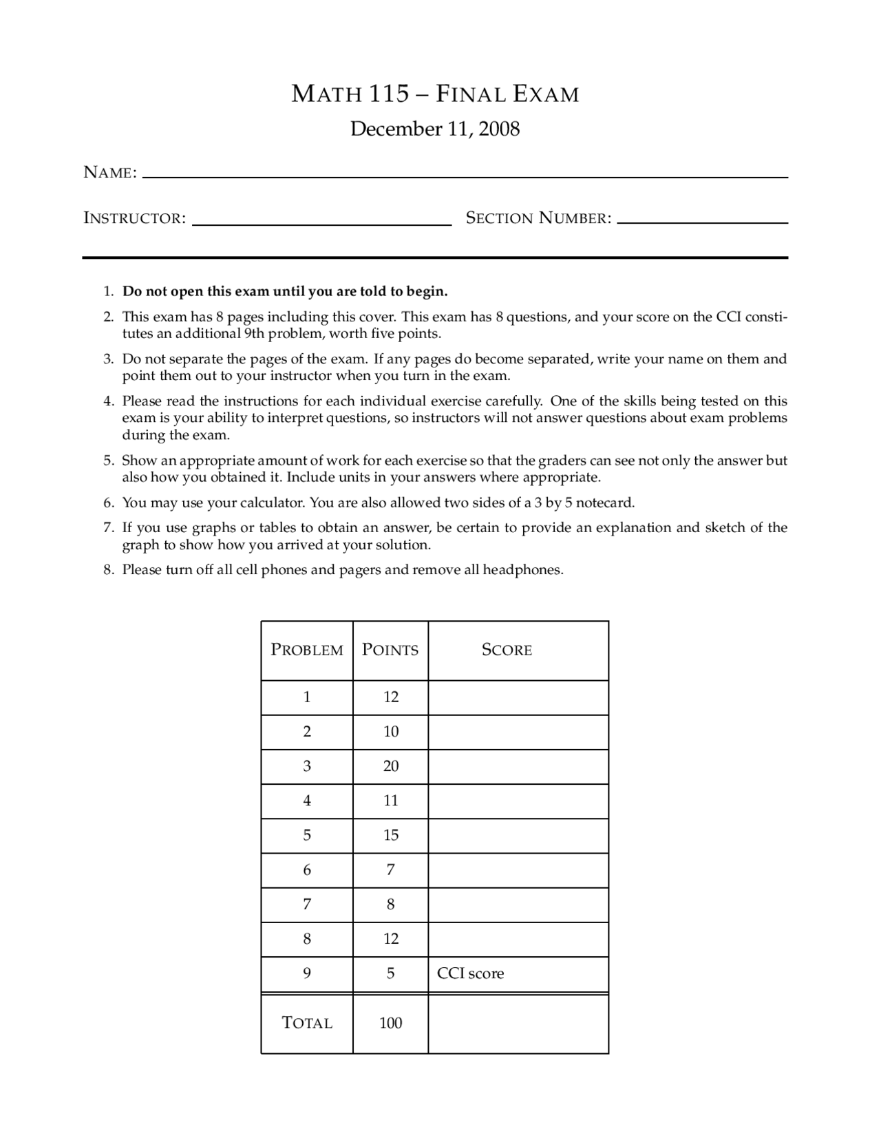 Unsolved Final Exam Calculus I Math 115 Docsity