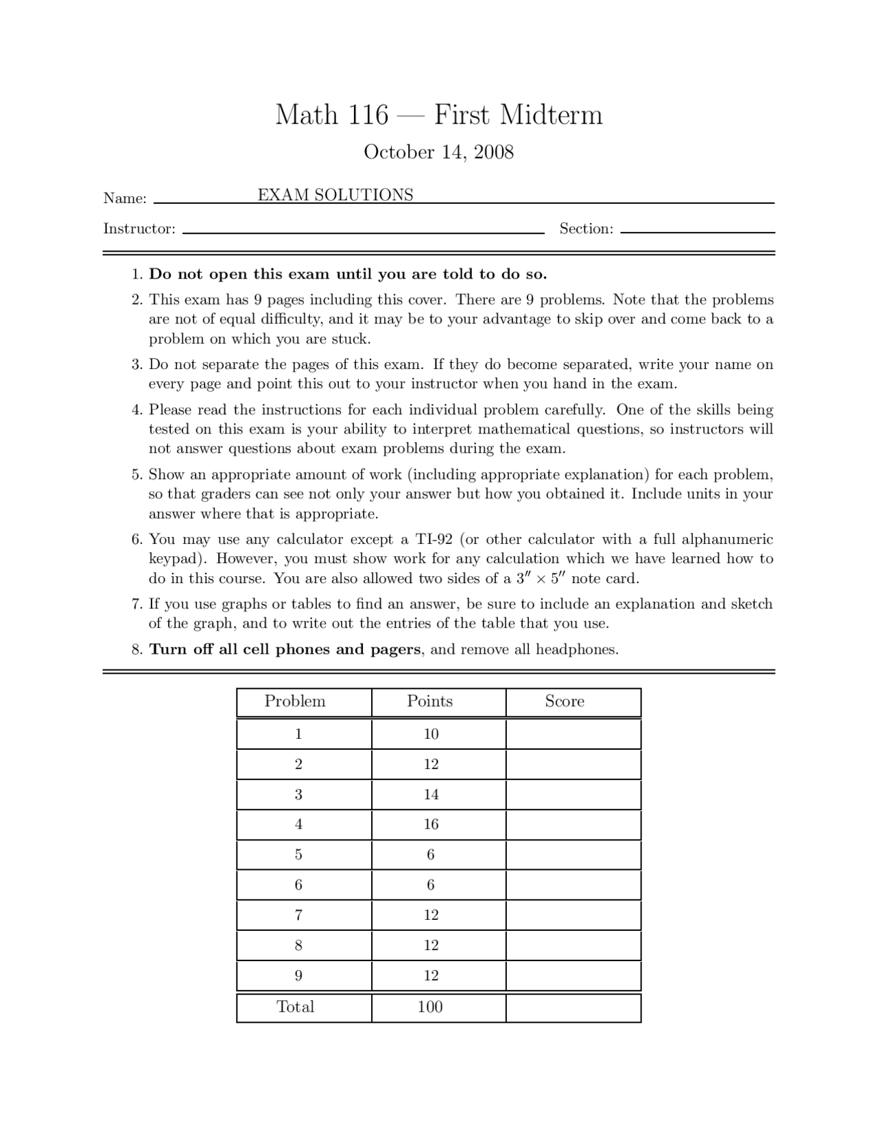 Solution To Midterm Calculus Ii Math 116 Docsity
