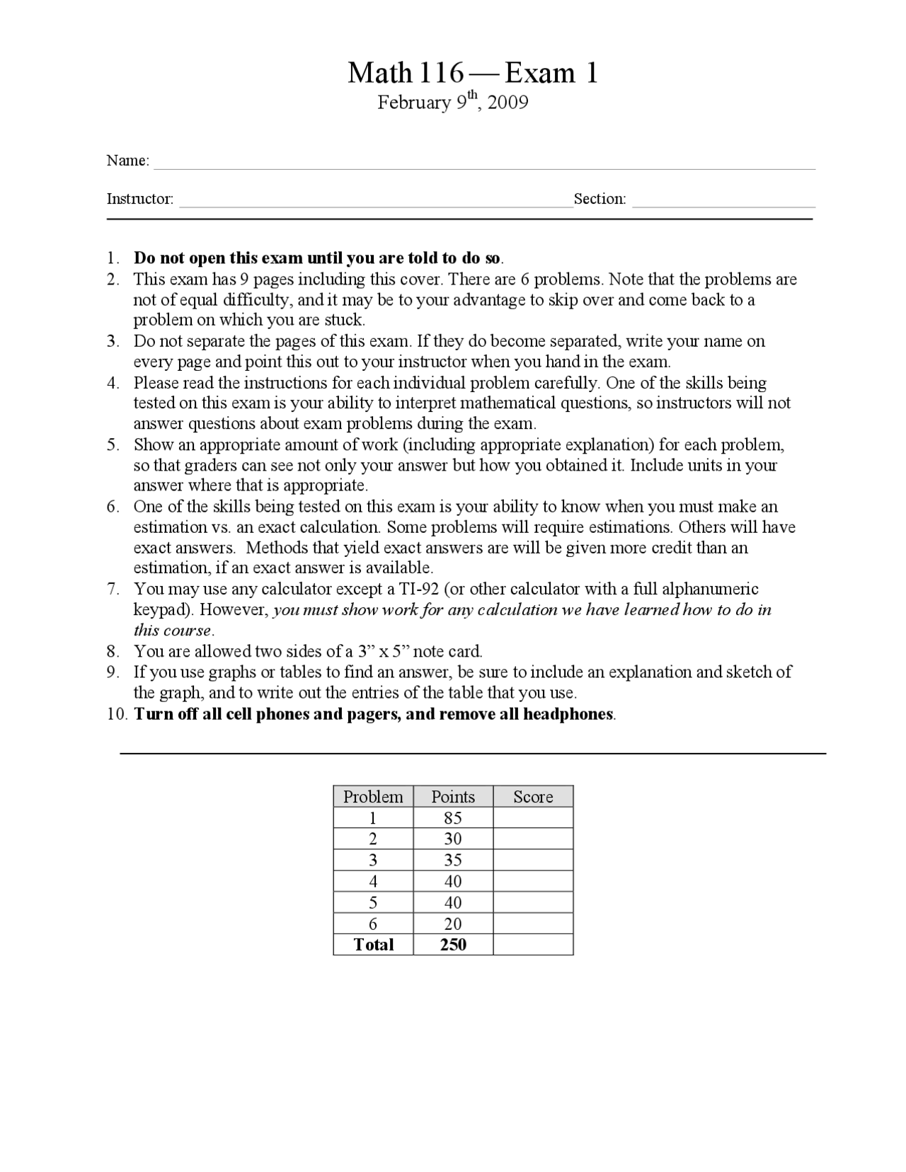 Sample Exam 1 - Calculus II - Fall 2009 | MATH 116 - Docsity