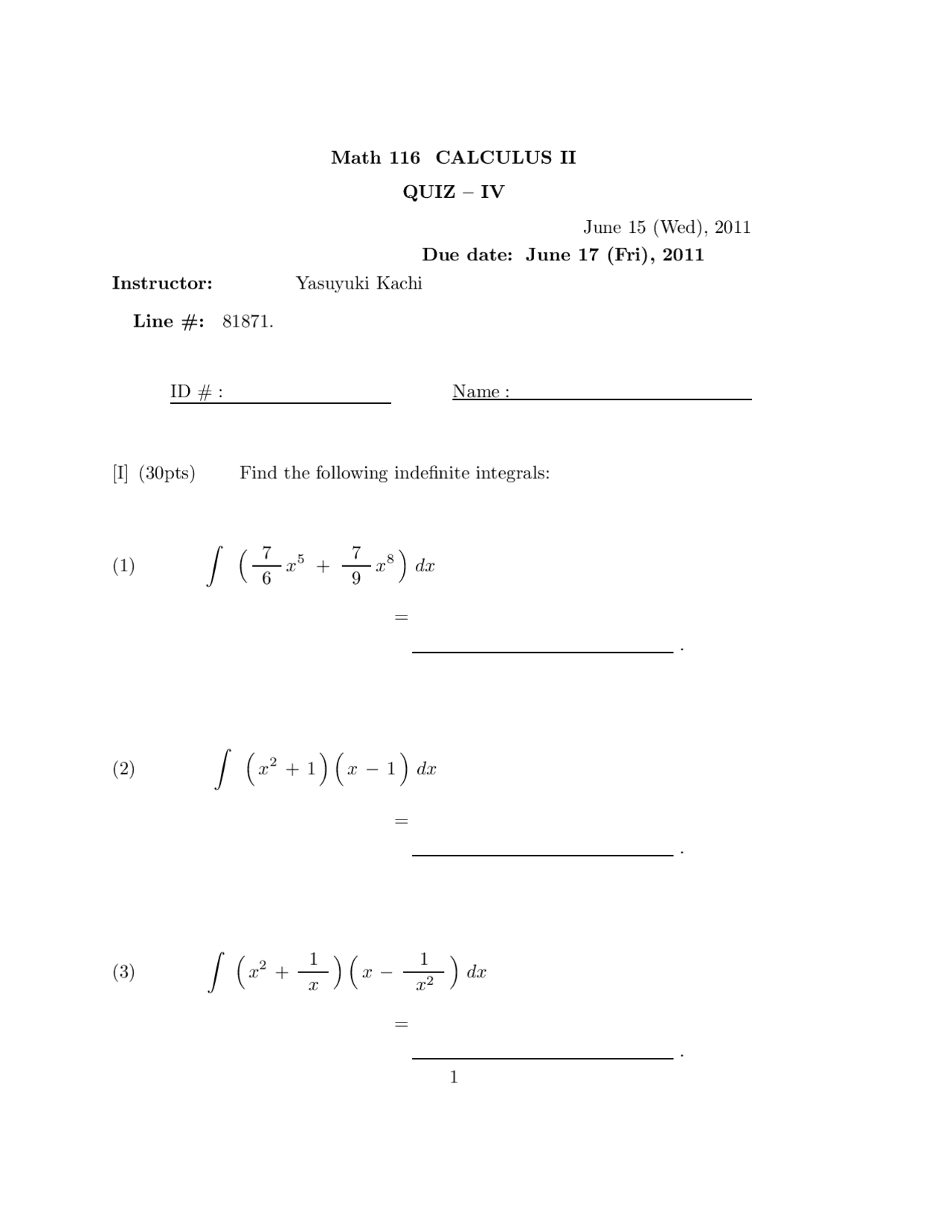 10 Questions On Calculus Ii Quiz 4 Math 116 Docsity