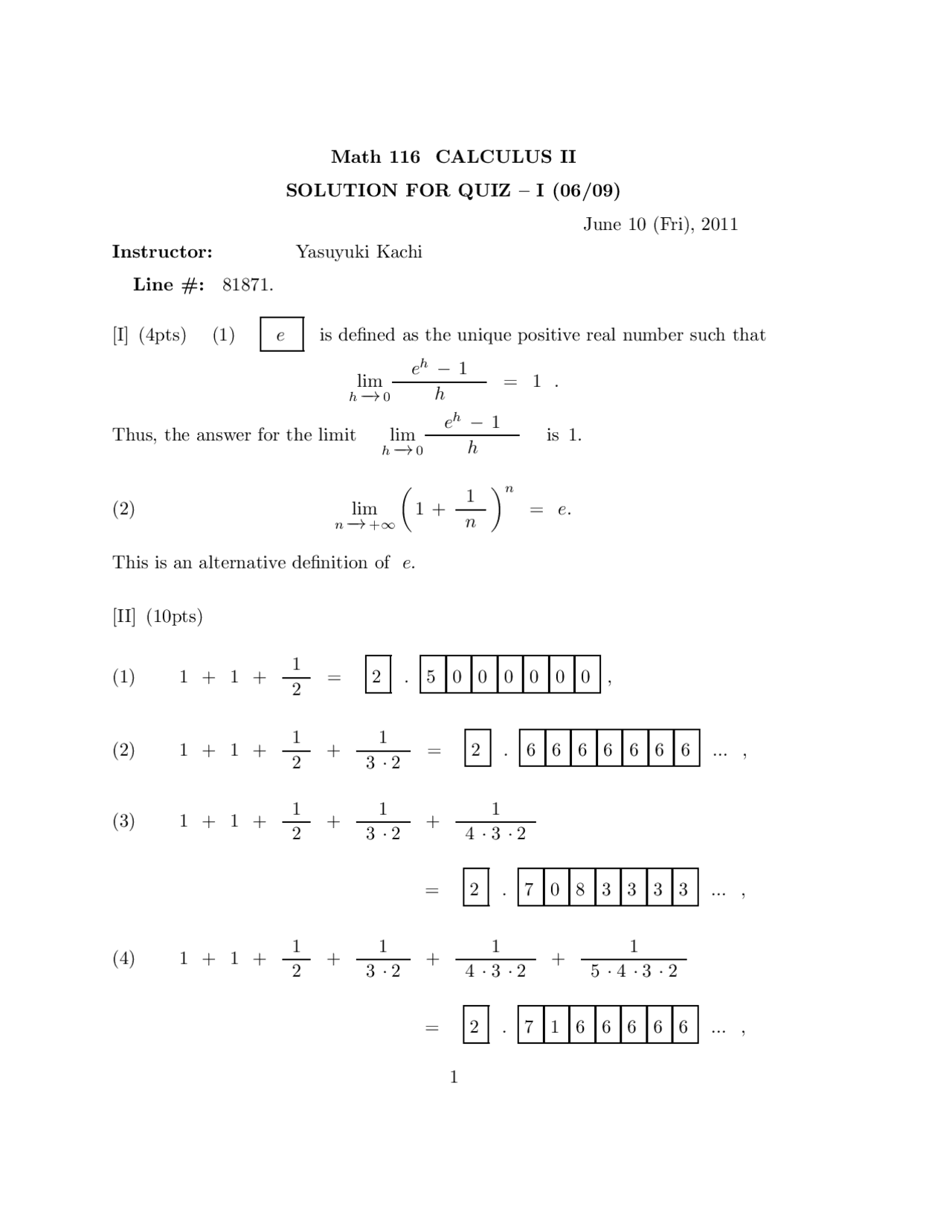 Solutions for Quiz 1 | Calculus II | MATH 116 - Docsity