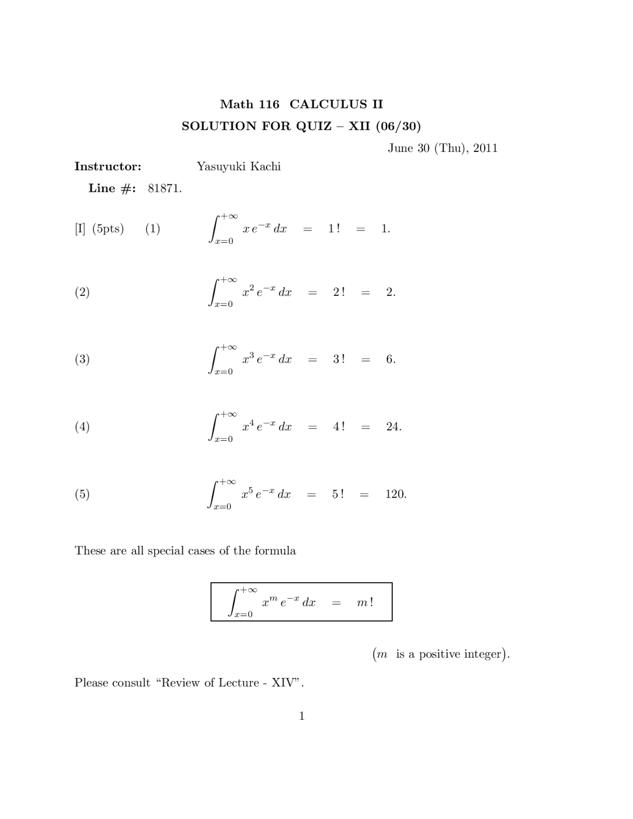 Solutions for Quiz XII - Calculus II | MATH 116 - Docsity