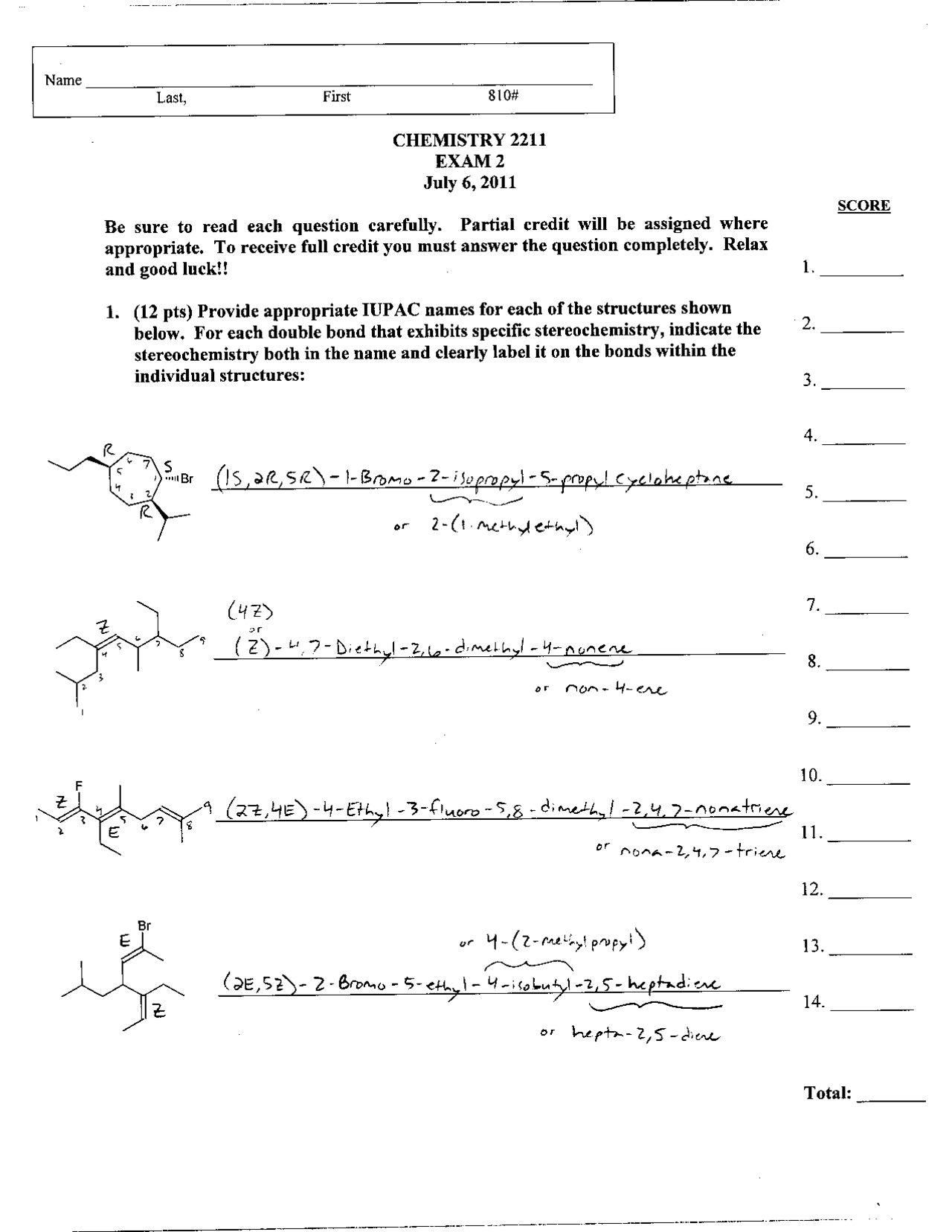 Exam 2 Solution Key Chemistry I Fall 2011 Chem 2211 Docsity