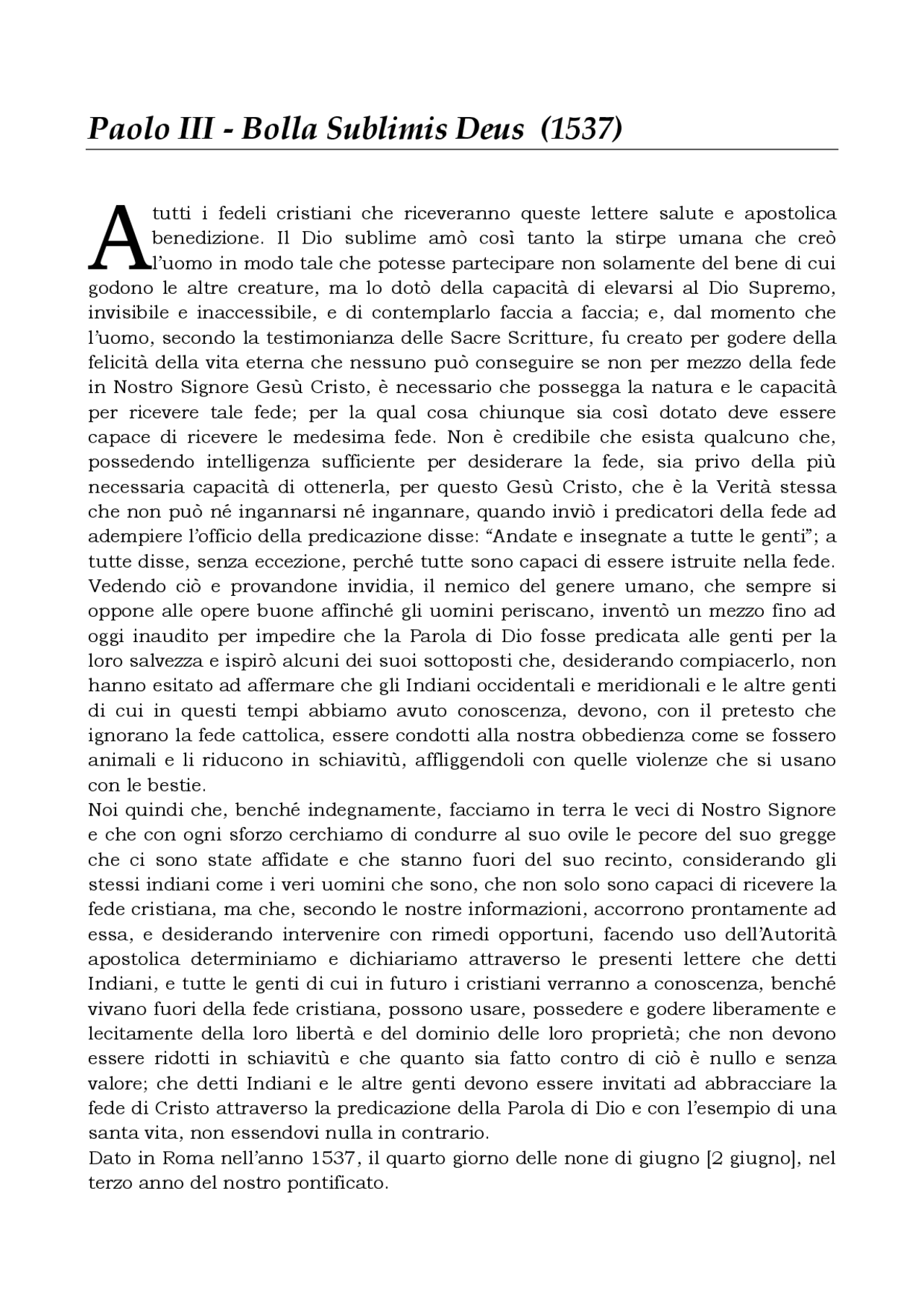 Bolla Sublimis Deus - Docsity