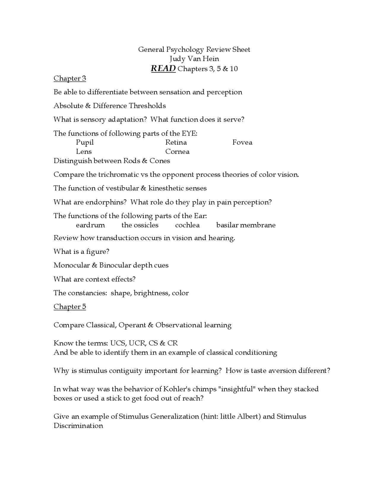 General Psychology Review Sheet For Test 2 Psy 1410 Docsity