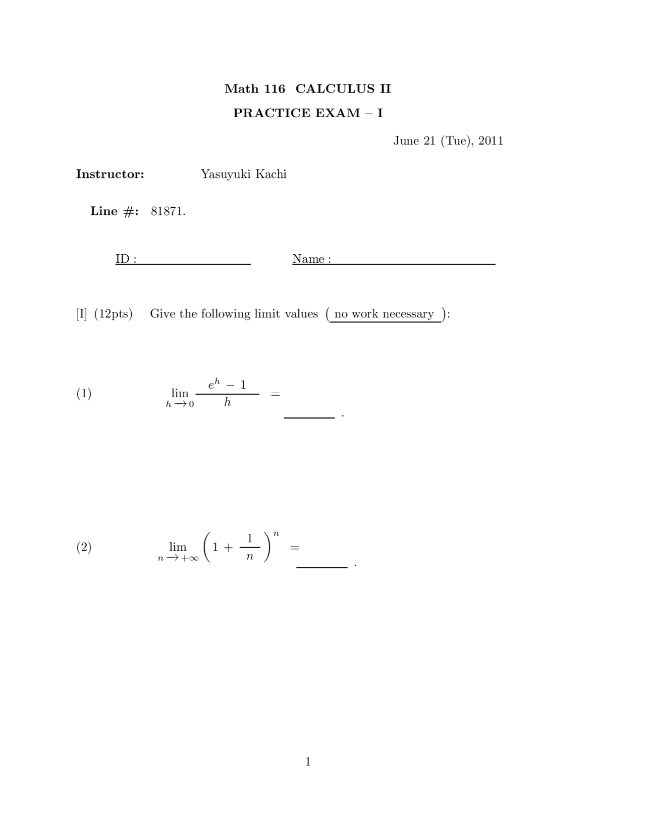 Practice Exam #1 - Calculus II | MATH 116 - Docsity