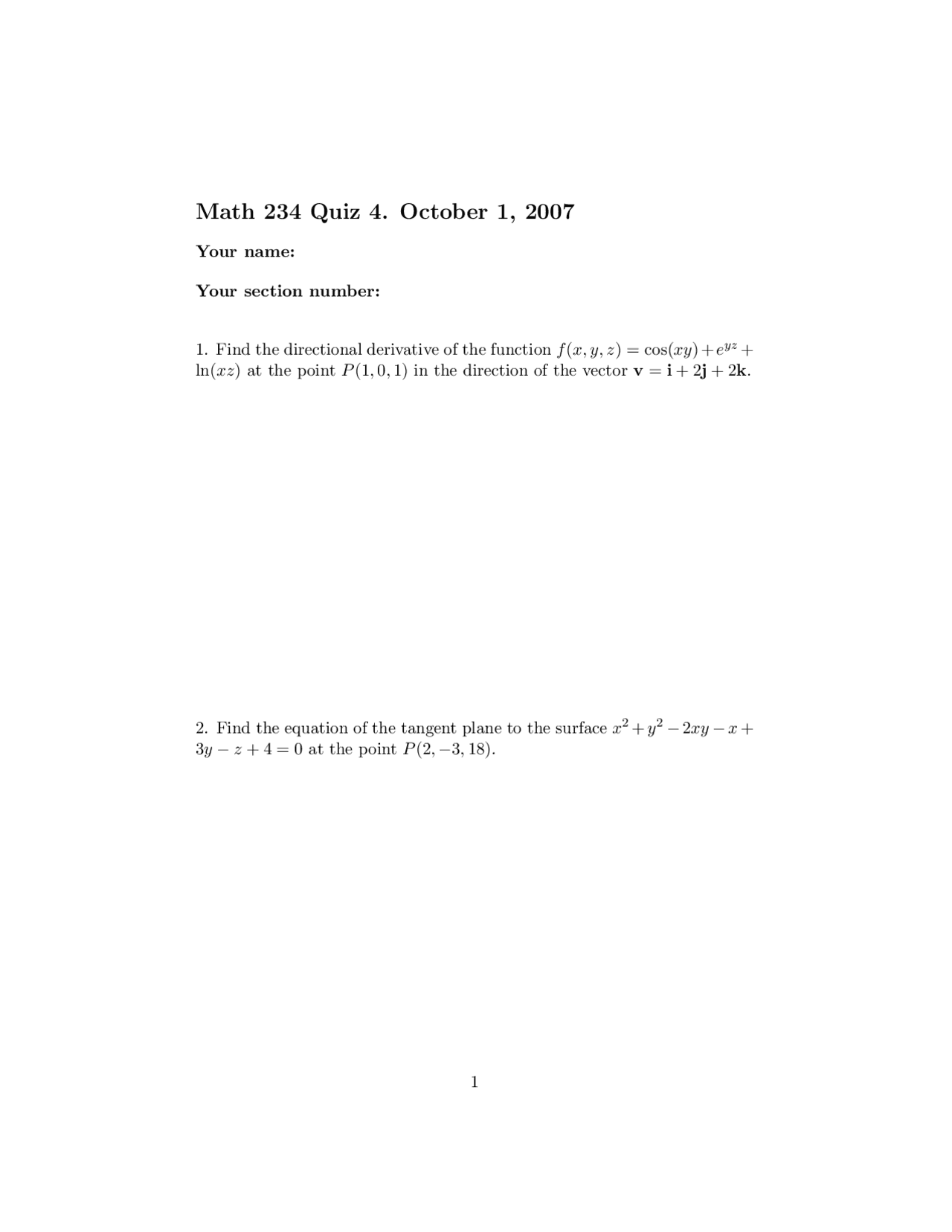 Math 234 Quiz 4 - Directional Derivative and Tangent Plane | Quizzes ...