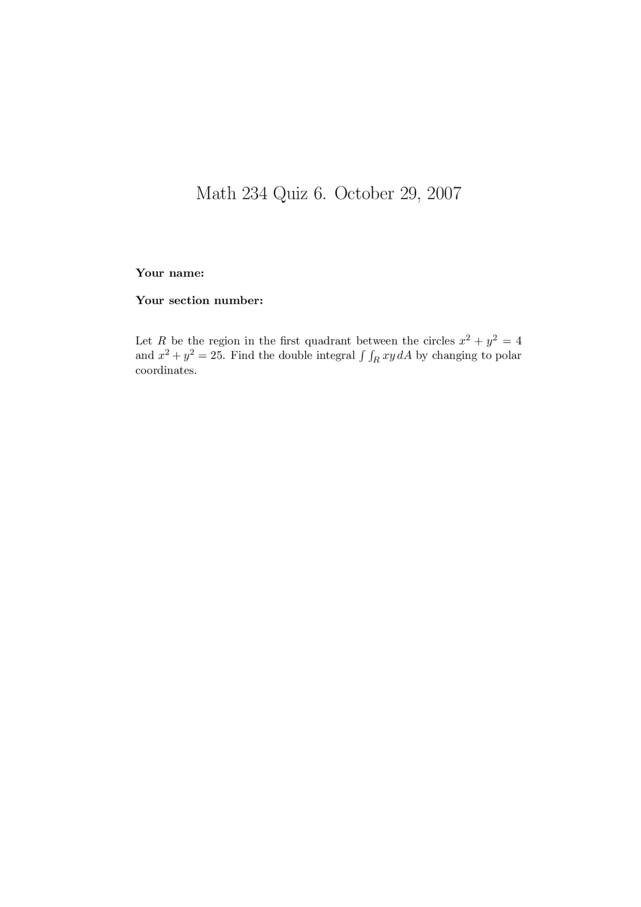 Find Double Integral Quiz 6 Problems Math 234 Docsity