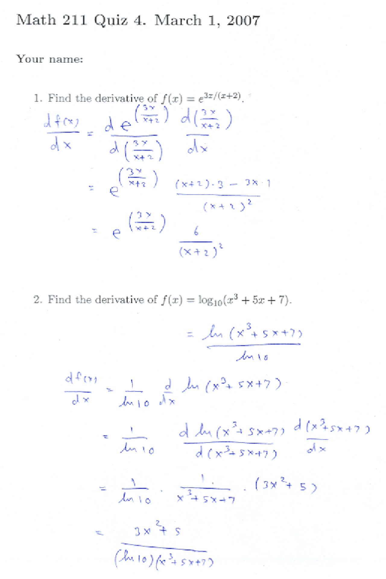Sample Quiz 5 With Answers Calculus Fall 2007 Math 211 Docsity