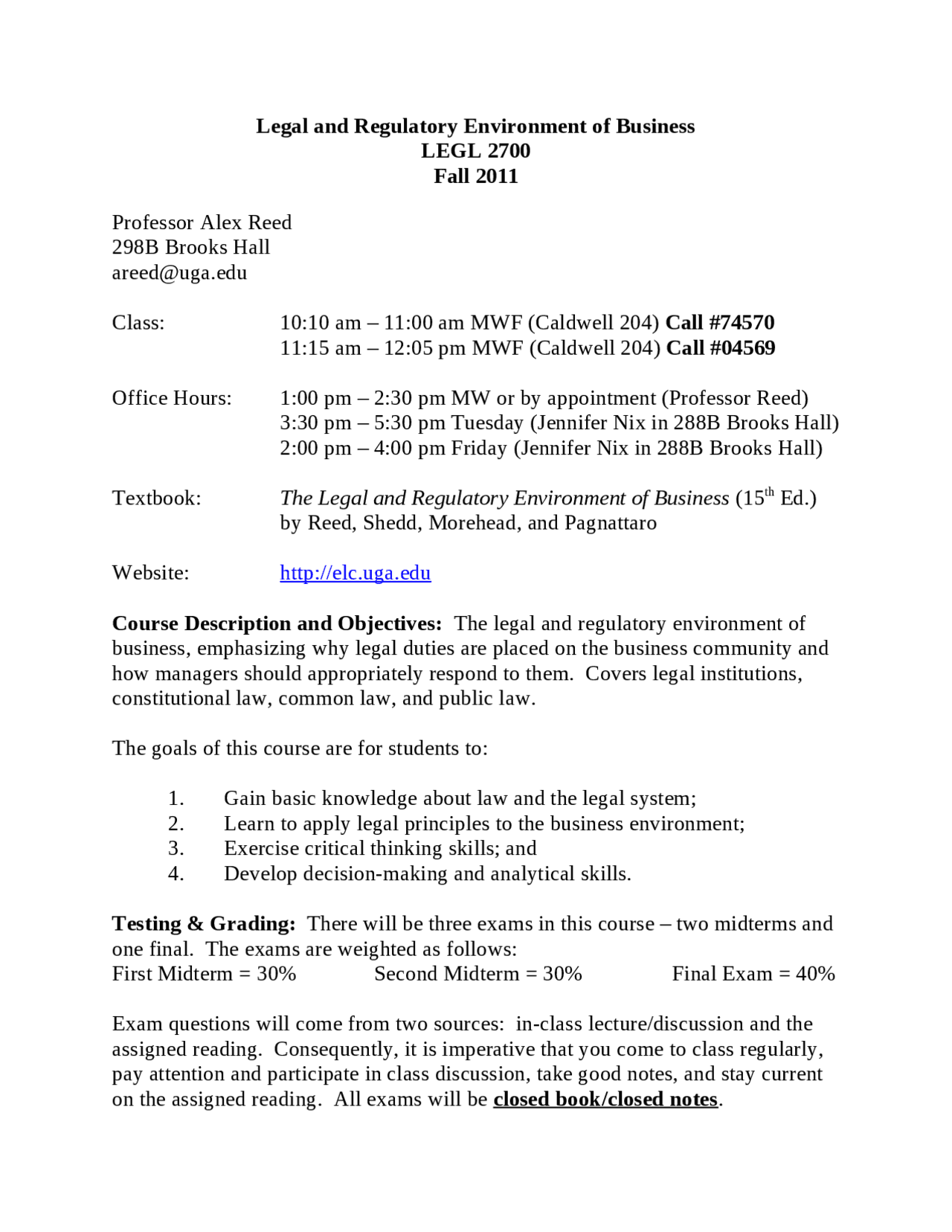 Syllabus on Legal and Regulatory Environment of Business | LEGL 2700 - Docsity