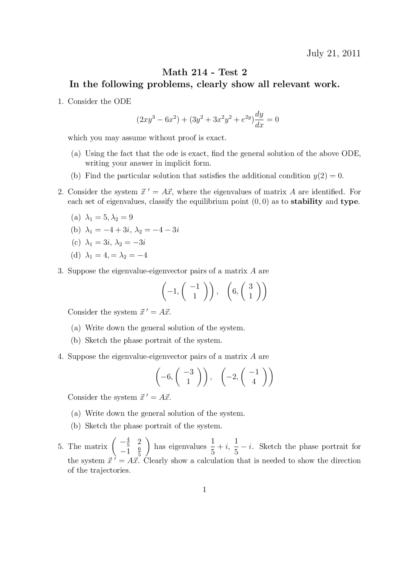 Test 2 Questions Elementary Differential Equations Math 214 Docsity
