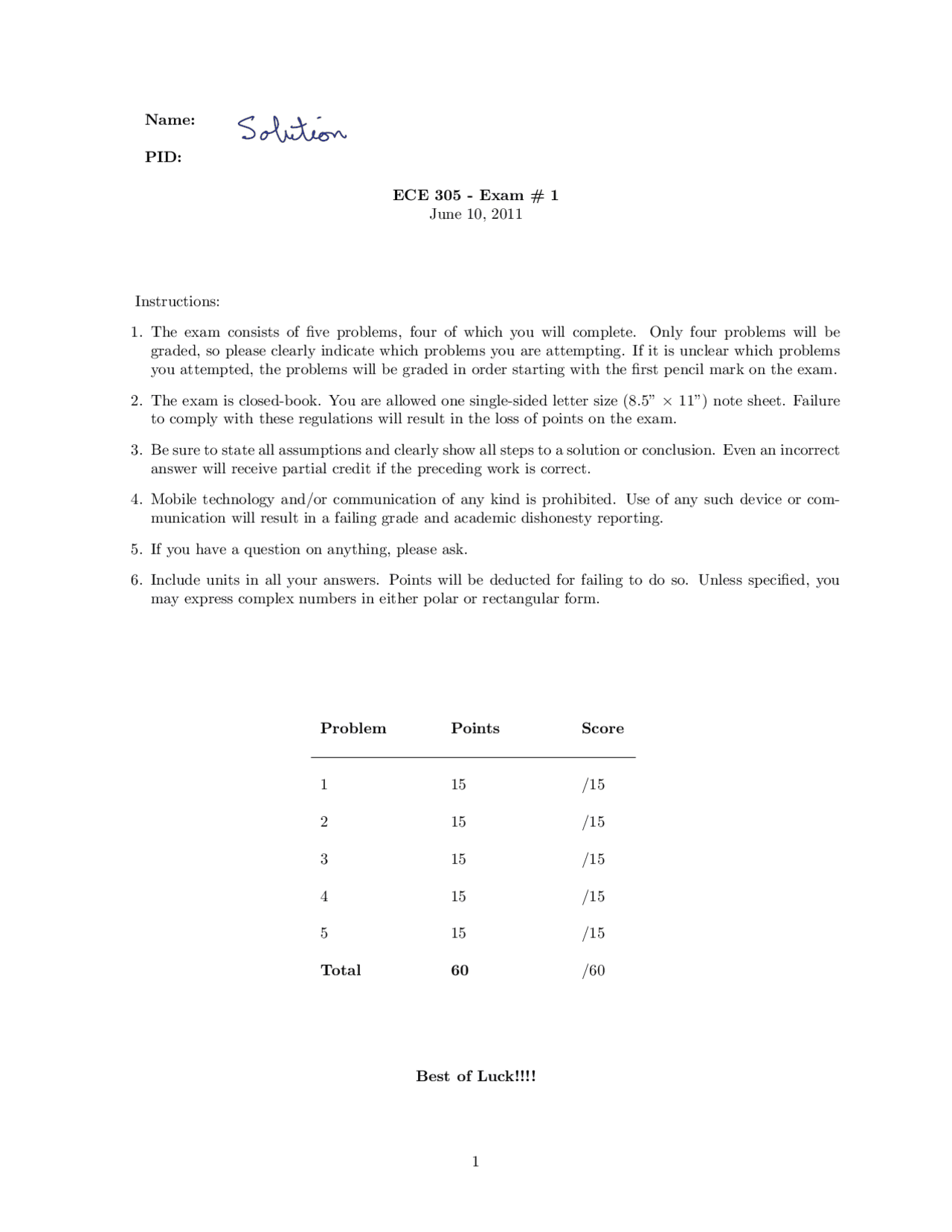 Solutions For Exam 1 Electromagnetic Fields And Waves I Ece 305