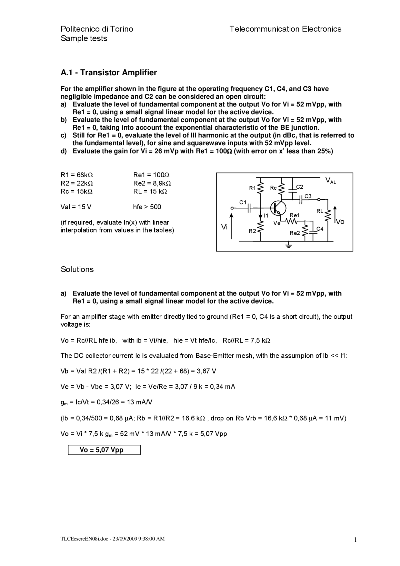 Telecommunications Electronics - Sample tests - Prof. Del Corso - Docsity