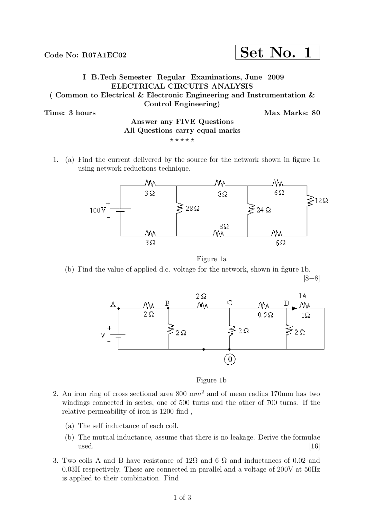 ELECTRICAL CIRCUITS ANALYSIS, exam papers | Exams Network Theory | Docsity