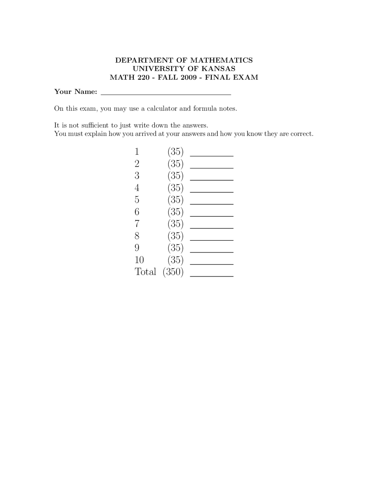 10 Problems On Applied Differential Equations Final Exam Math 220