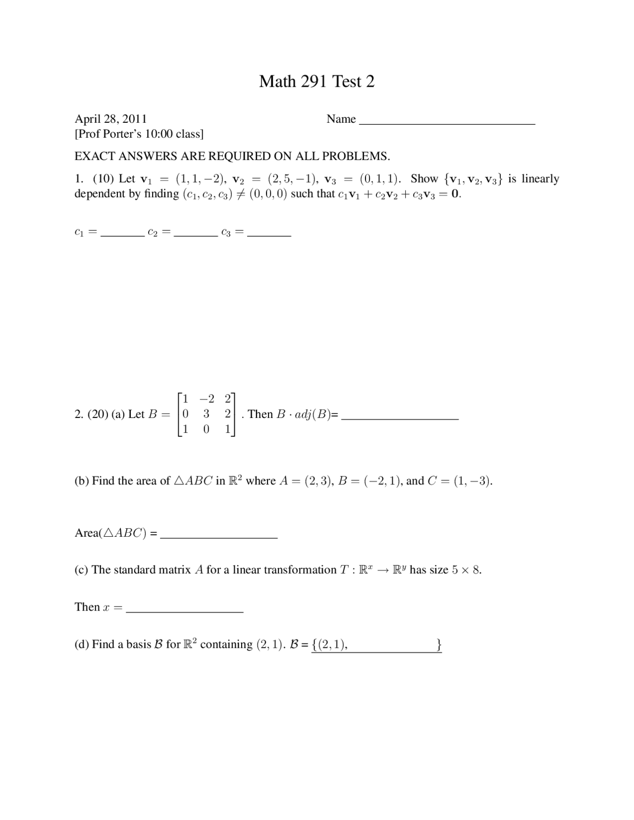 Test 2 With Answer For Elementary Linear Algebra Math 291 Docsity