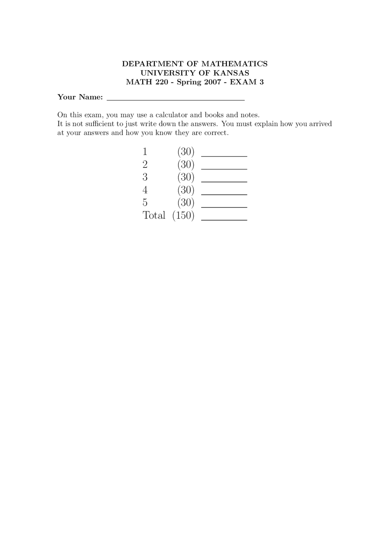 5 Questions In Final Exam 3 Applied Differential Equations 2007