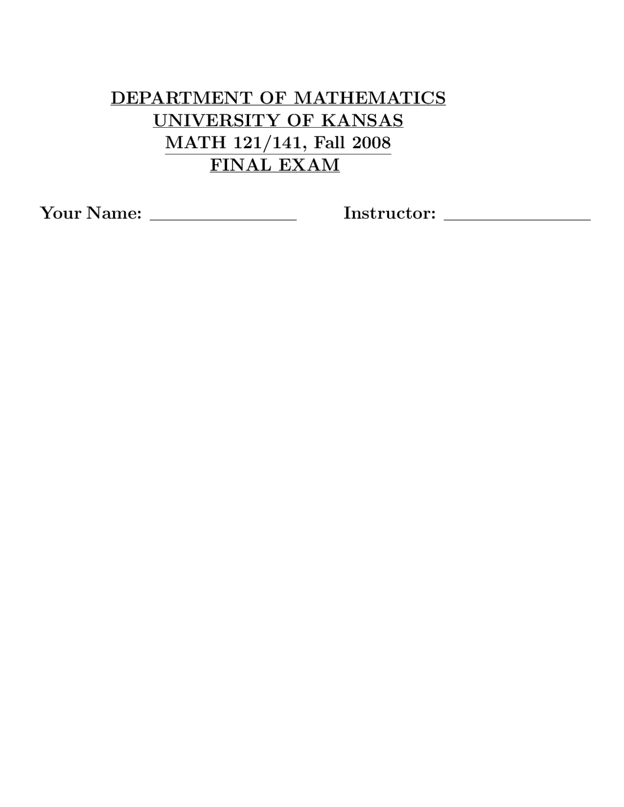 Final Exam Problems Calculus I Fall 2008 Math 121 Docsity