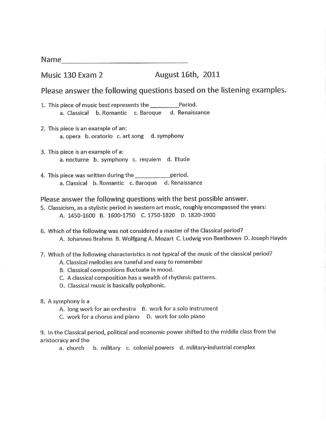 Midterm Exam 2 With 50 Questions Introduction To Music Musc 130