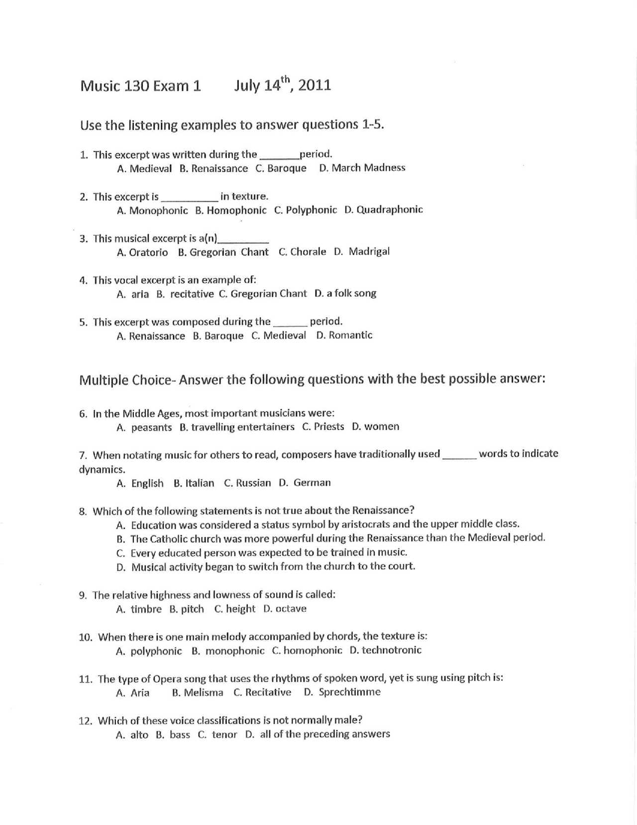 Practice Exam 1 Introduction To Music Fall 2011 Musc 130 Docsity