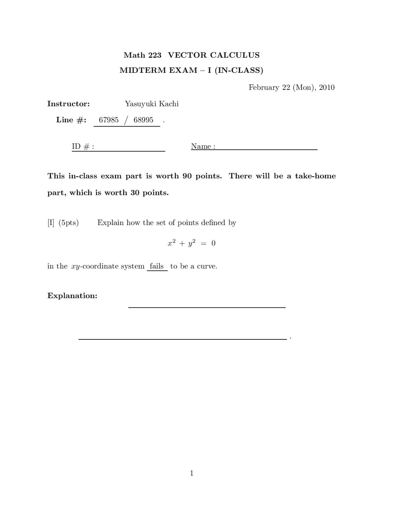 Vector Calculus Midterm Examination 1 Math 223 Docsity
