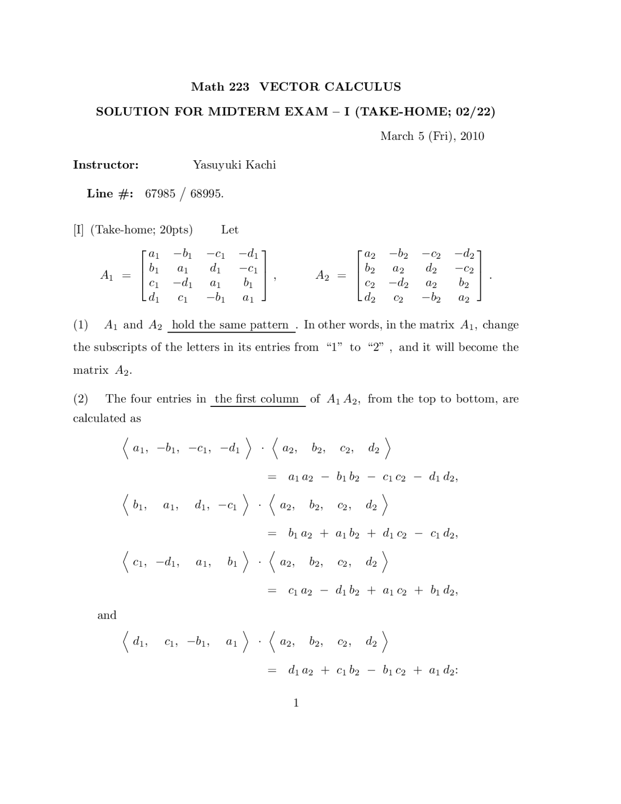 Solutions For Midterm Exam 1 Vector Calculus Math 223 Docsity