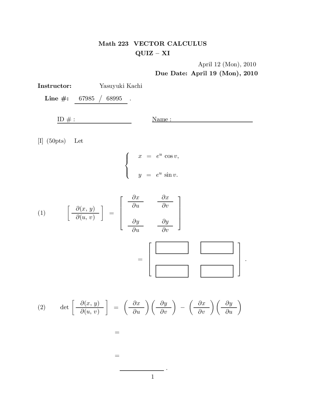 Practice Quiz 11 On Vector Calculus Math 223 Docsity
