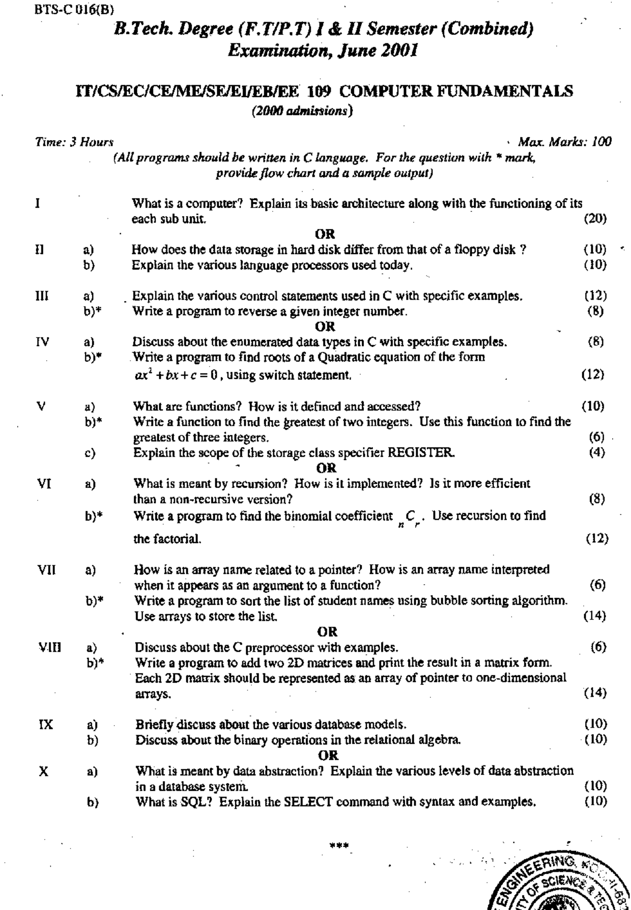 Cochin University B Tech Computer Fundamentals Sample Paper 4 Docsity