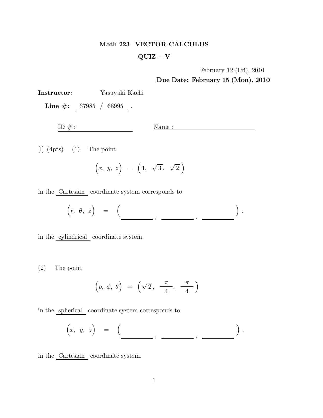 Quiz 5 Questions For Vector Calculus Math 223 Docsity