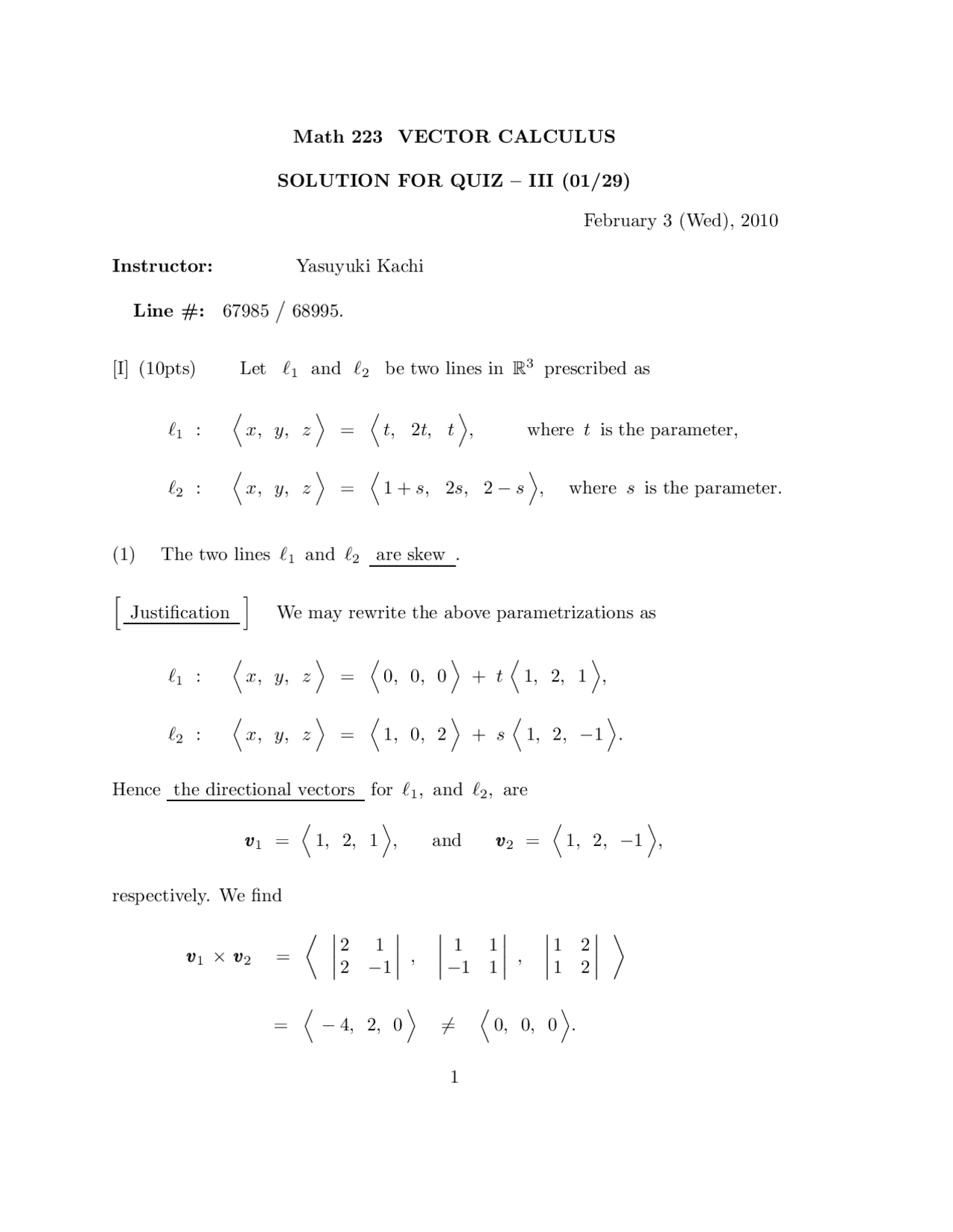 Solutions For Quiz 3 Vector Calculus Math 223 Docsity