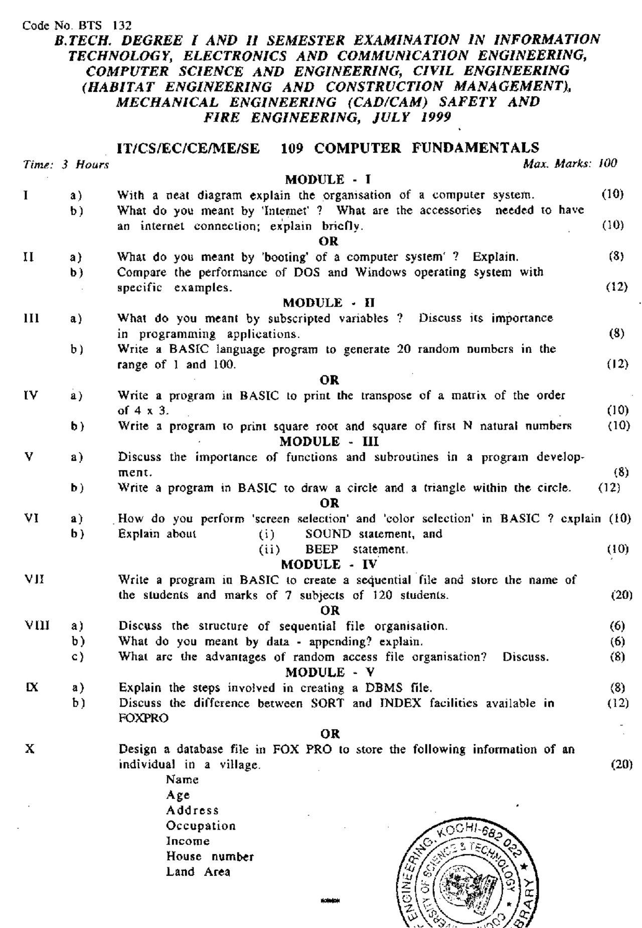 Cochin University, B. Tech Computer Fundamentals Sample Paper 1 | Study ...