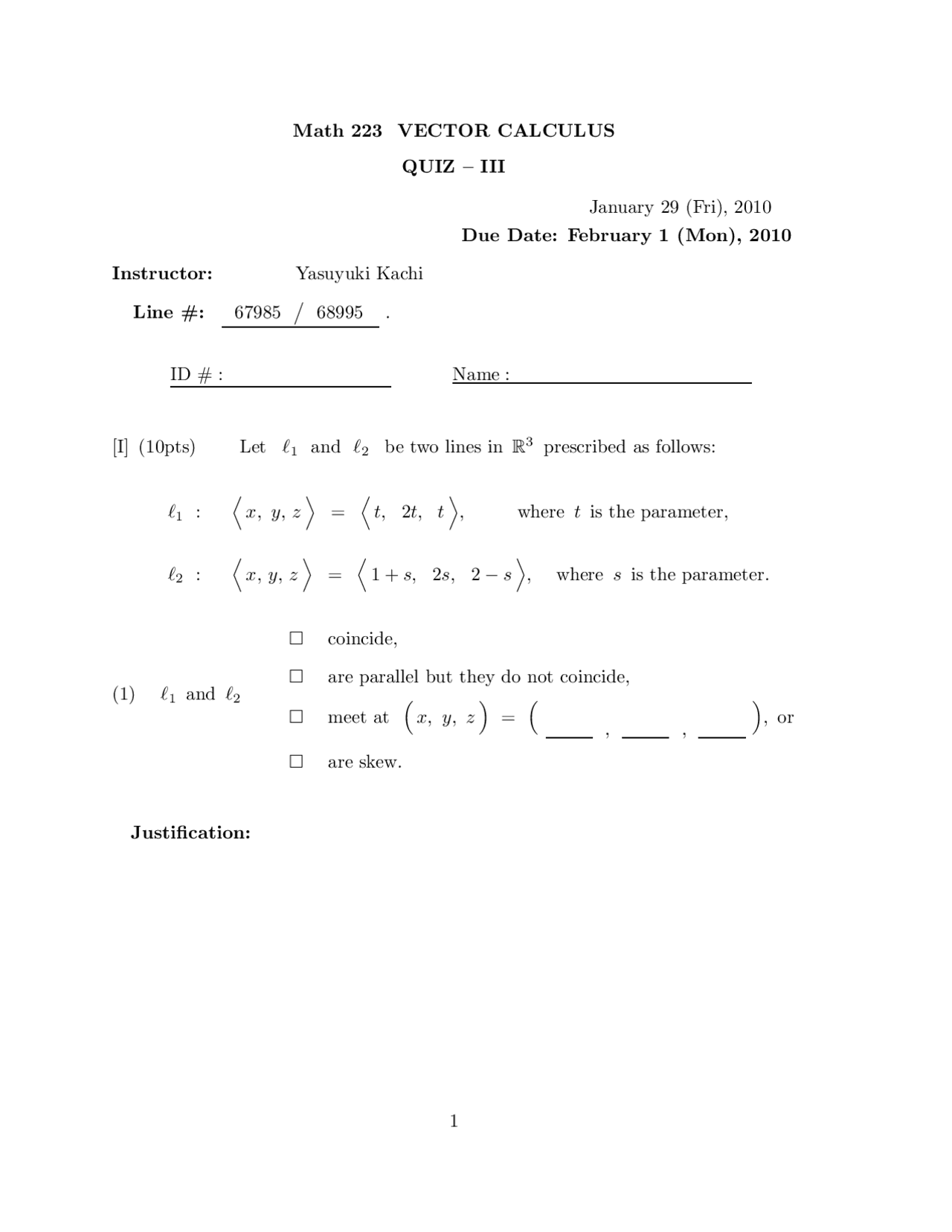 Problems In Quiz 3 On Introduction To Vector Calculus Math 223 Docsity
