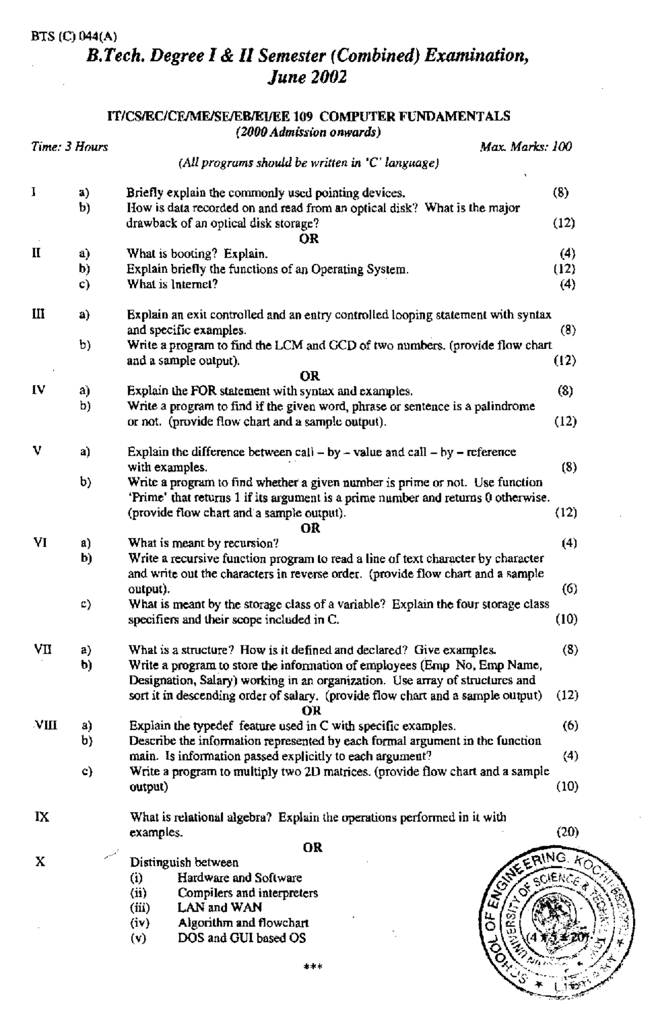 Cochin University, B. Tech Computer Fundamentals Sample Paper 5 | Study ...