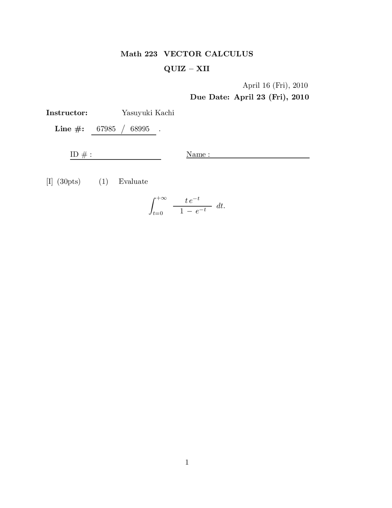 Quiz 12 Sample Problems Vector Calculus Math 223 Docsity