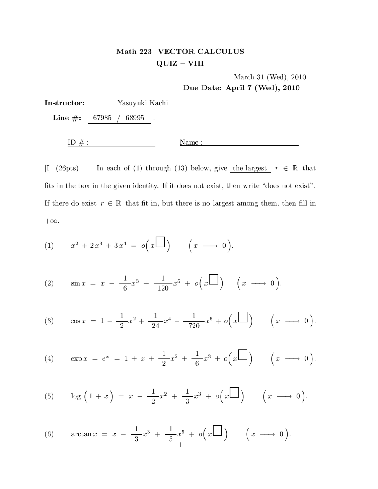 Quiz 8 Unsolved Questions Vector Calculus Math 223 Quizzes
