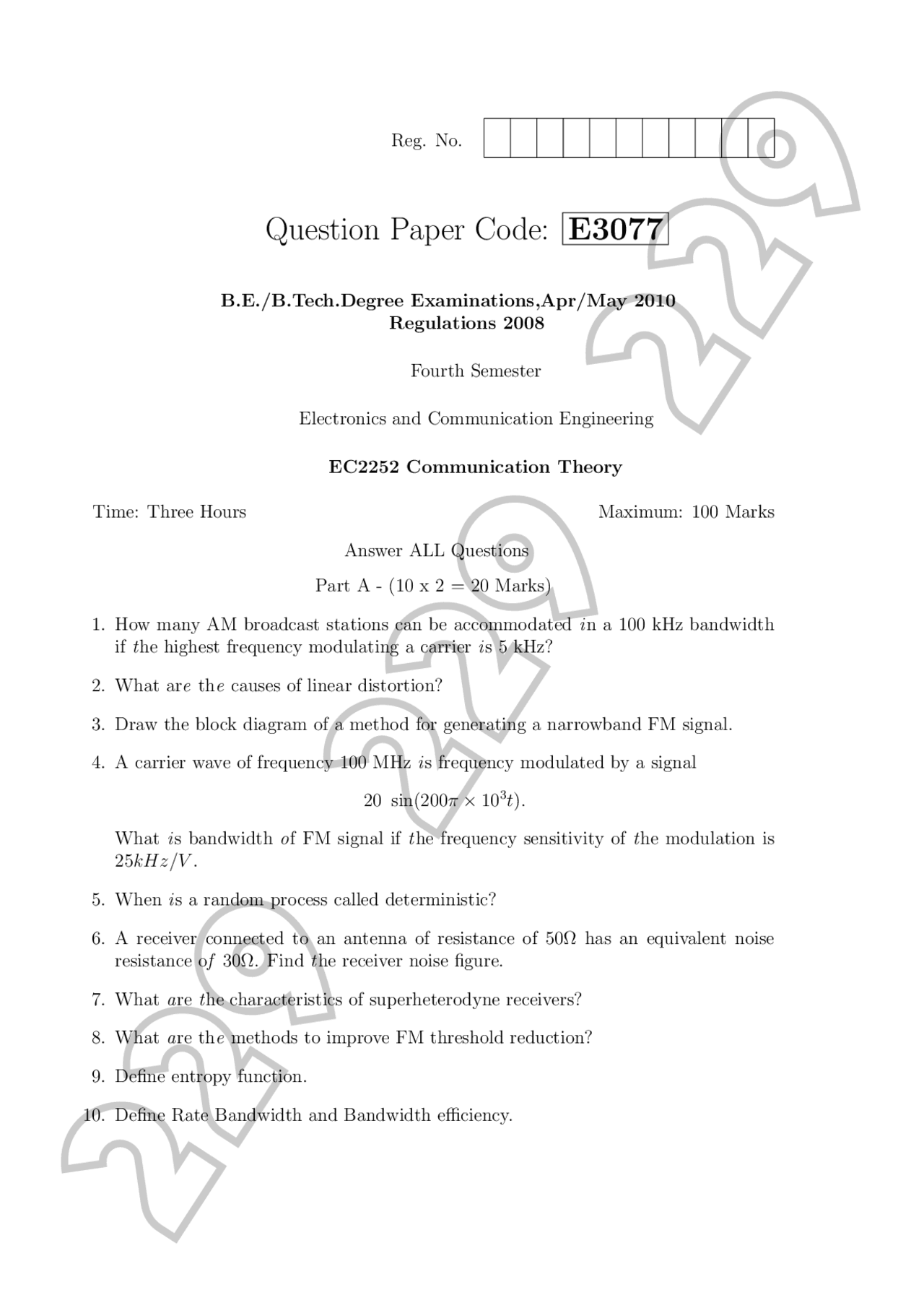 Electronics And Communication Paper Exam Cochin University Docsity
