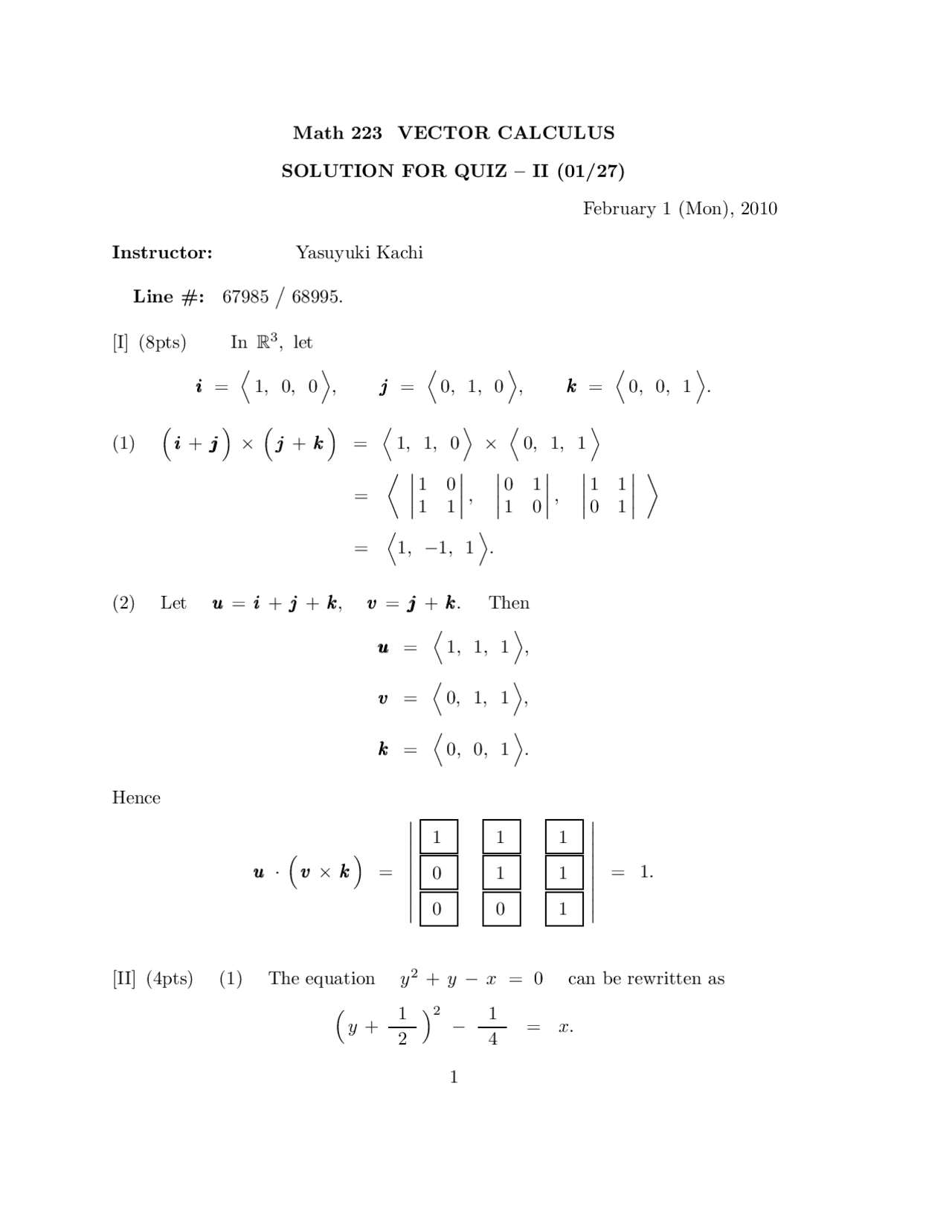 Solutions For Quiz Ii Vector Calculus Math 223 Docsity