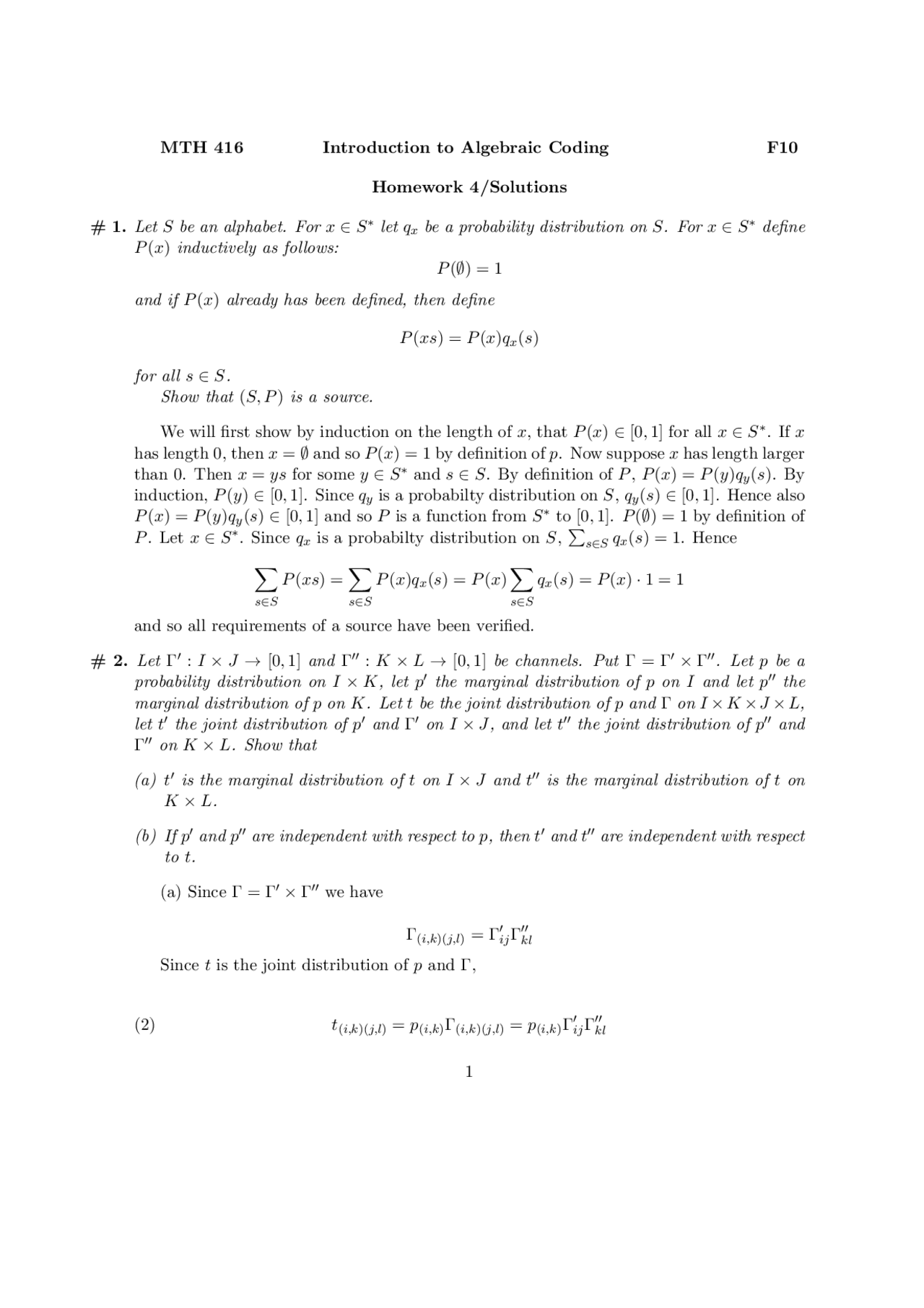 Homework 4 Solutions - Introduction to Algebraic Coding | MTH 416 - Docsity