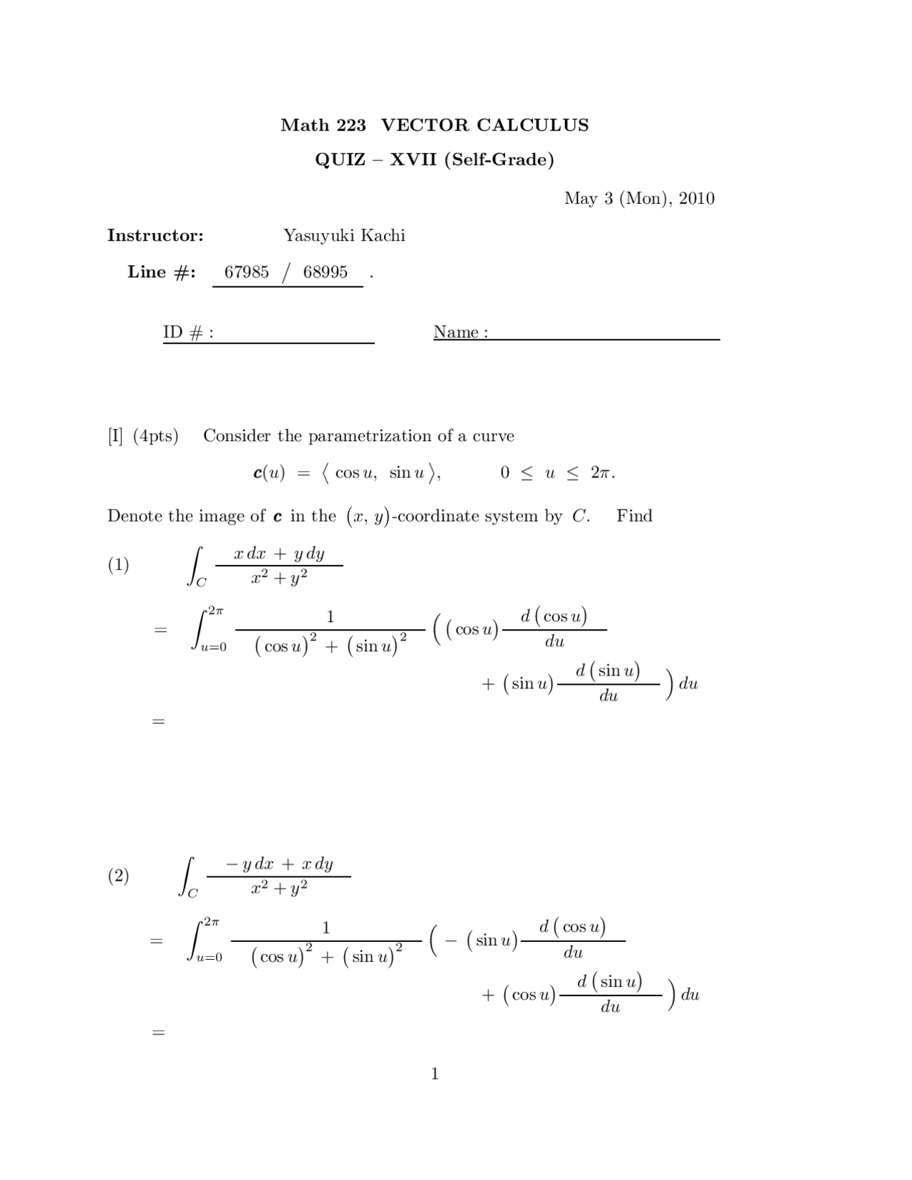 Unsolved Problem In Quiz 15 On Vector Calculus Math 223 Docsity