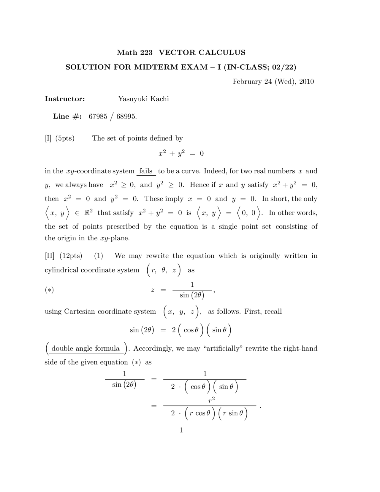 Solved Questions Vector Calculus Midterm Examination 1 Math 223