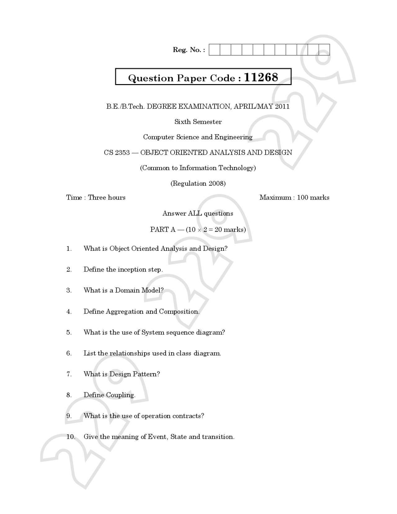 Object Oriented Analysis Exam Paper Cochin University Exams Object