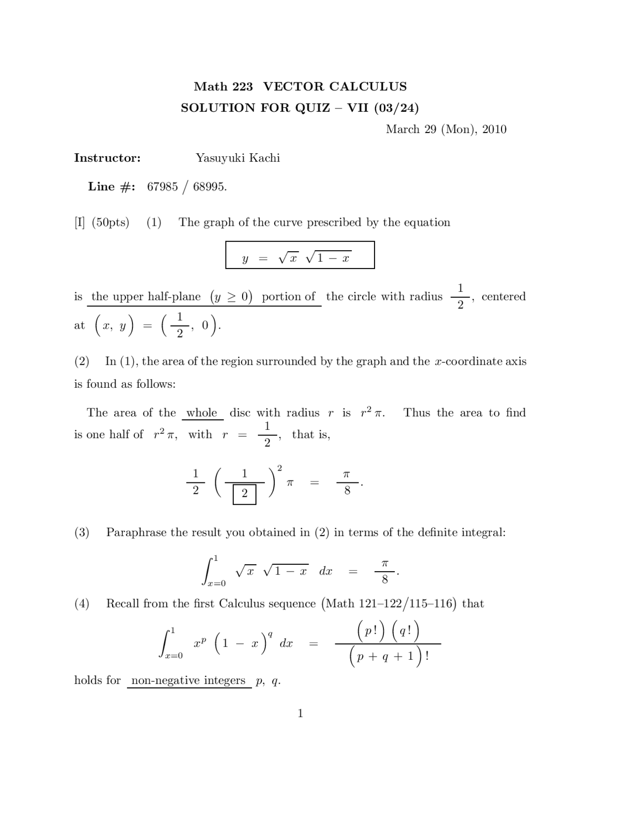 Vector Calculus Solutions For Quiz 7 Math 223 Docsity