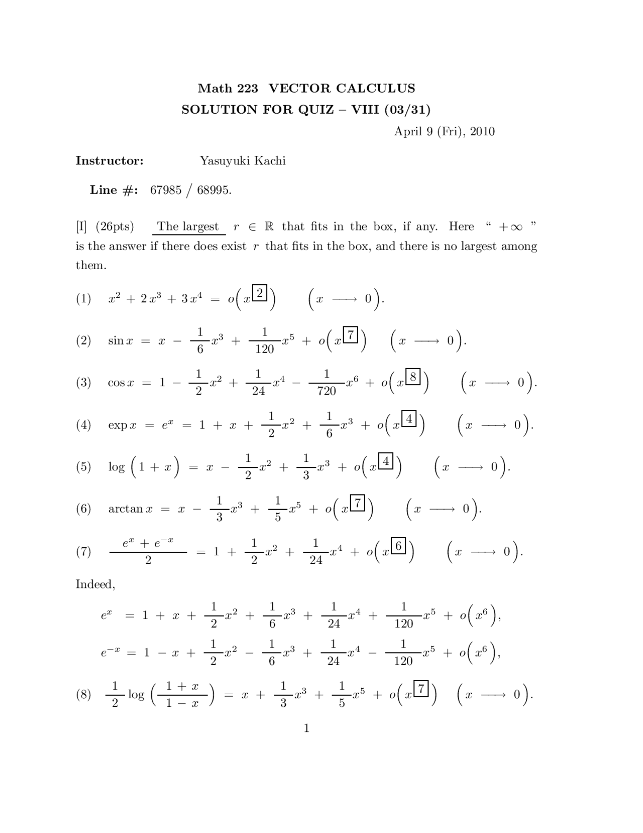 Solutions for Quiz 8 - Vector Calculus - Fall 2010 | MATH 223 - Docsity
