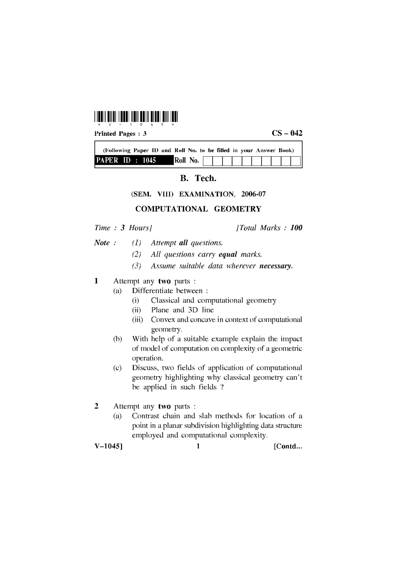 Computational Geometry Examination 2007 Uptu Docsity