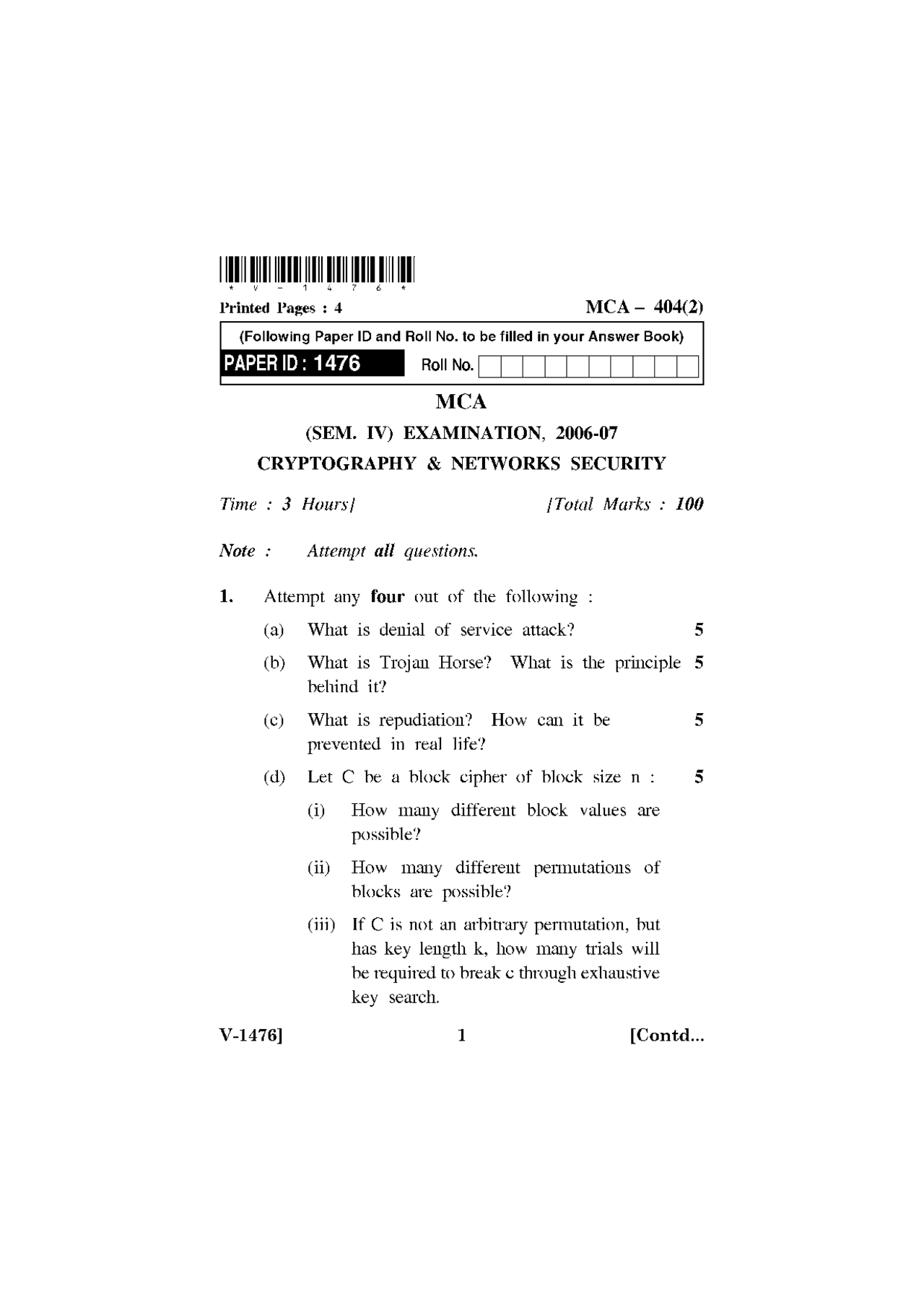 Cryptography And Network Security Exam Uptu 2007 Exams Cryptography
