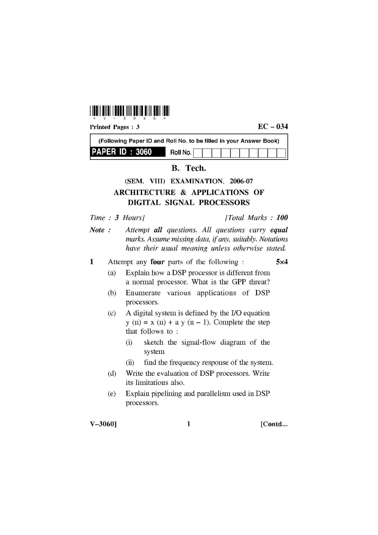 Architecture And Applications Of Digital Signal Processors Exam Paper