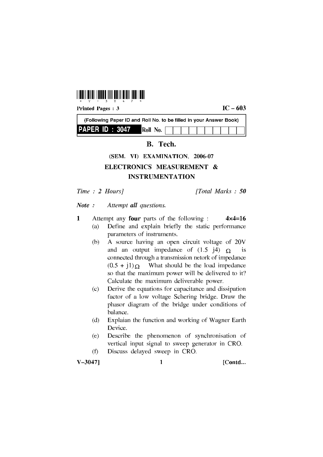Electronics Measurement And Instrumentation Exam Paper Uptu Docsity